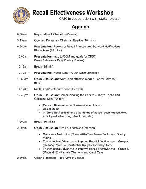 Cpsc Recall Effectiveness Workshop Agenda Pdf
