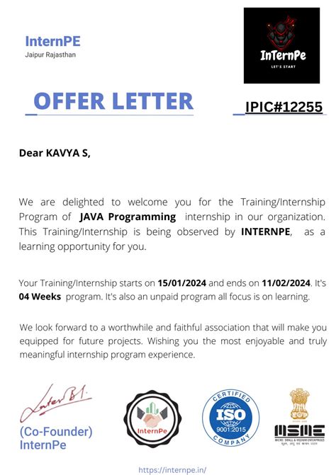 Kavya S On Linkedin Internship Javaprogramming Internpe