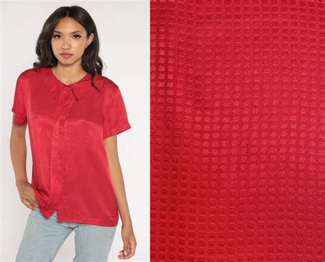 Red Blouse 90s Shiny Embossed Hidden Button Up Shirt Retro Short Sleeve