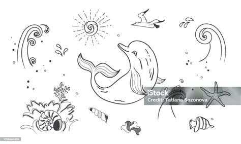돌고래 갈매기 불가사리 파도 태양 껍질 산호 와 물고기 해양 요소의 낙서 세트 색칠하기에 대한 스톡 벡터 아트 및 기타 이미지 Istock