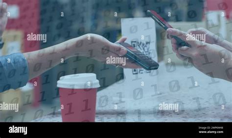 Image Of Binary Coding Over Two Caucasian Women Paying With Smartphone On Climbing Wall Stock