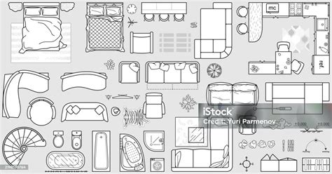 위에서 디자인 인테리어 및 건축 프로젝트 보기를 위해 설정된 평면도 아이콘입니다 레이아웃에 대한 평면도의 가구 라인 아이콘입니다 아파트 집의 방을 배치하고 채우기 위한