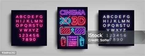 시네마 3d 포스터 디자인 서식 파일 네온 스타일 네온 사인 배너 밝은 전단지 디자인 엽서 홍보 안내 책자 네온 밤 영화관 광고 빛 벡터 일러스트 레이 션 편집 텍스트 네온