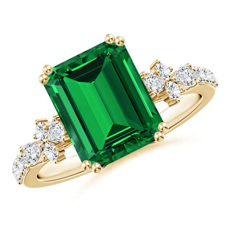 Lab Grown Emerald Cut Emerald Side Stone Engagement Ring With Diamonds