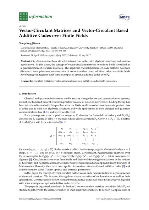 PDF Vector Circulant Matrices And Vector Circulant Based Additive Codes Over Finite Fields