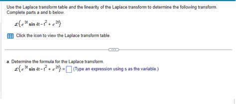 solved use the laplace transform table and the linearity of