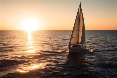Sailing Yacht Boat On Ocean Water At Sunrise Neural Network Generated Art Stock Illustration