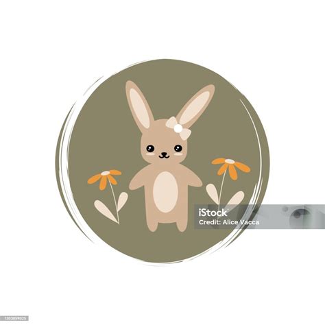 데이지 꽃과 토끼가있는 귀여운 로고 또는 아이콘 벡터 브러쉬 질감이있는 원에 일러스트 소셜 미디어 스토리 및 하이라이트 계절에 대한 스톡 벡터 아트 및 기타 이미지 Istock