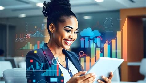 Smiling Businesswoman Analyzing Data On Tablet With Futuristic Graph Overlays Premium Ai