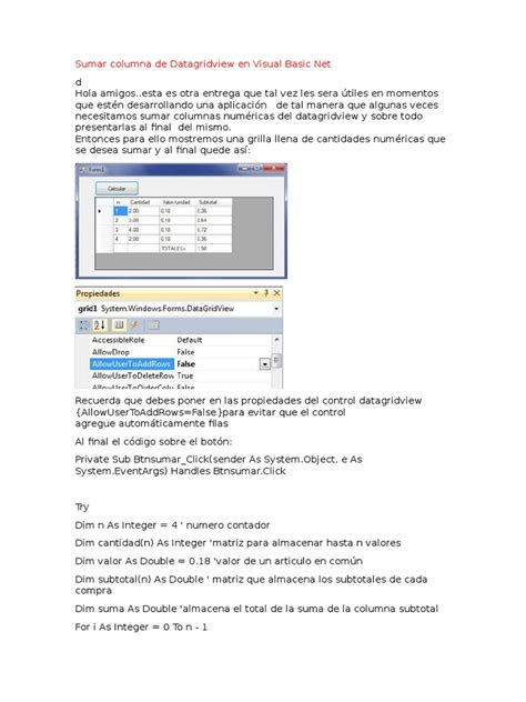 Sumar Columna De Datagridview En Visual Basic Net Pdf Tabla Base