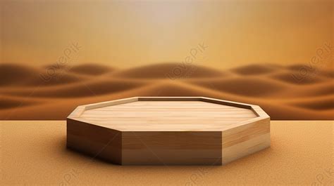 눈길을 끄는 제품 디스플레이 나무 액센트와 모래 표면을 갖춘 3d 렌더링 팔각형 연단 눈길 배경 연단 배경 제품 디스플레이 배경 이미지 Hd 눈길 연단 제품