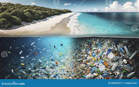 Environmental Contrast Clean Beach And Plastic Pollution Stock Image