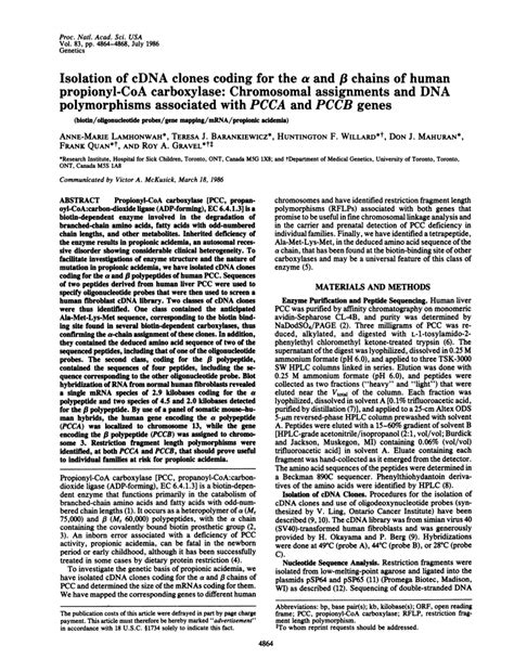 Pdf Isolation Of Cdna Clones Coding For The α And β Chains Of Human Propionyl Coa Carboxylase