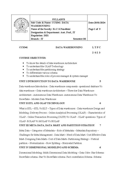 Ccs341 Data Warehousing Syllabus Date2001 Page 1 Of 9 Sub Code