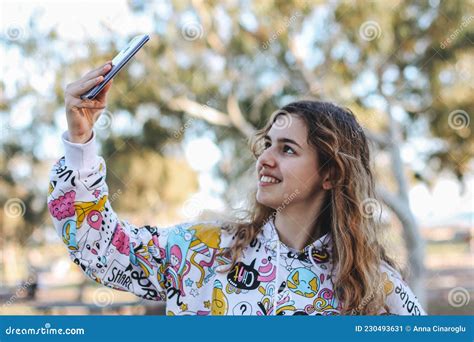 Pretty Smiling Teenager Girl Taking A Selfie Young Girl Outdoors Stock Image Image Of