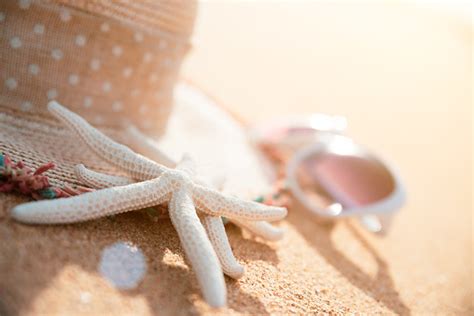 불가사리에 부드러운 초점입니다 해변 액세서리 선글라스 불가사리 여름 휴가 휴가 개념에 대 한 모래 해변 배경 배경에 꽃과 모자 비치 등 개념에 대한 스톡 사진 및 기타