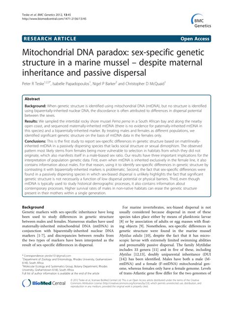 Pdf Mitochondrial Dna Paradox Sex Specific Genetic Structure In A Marine Mussel Despite