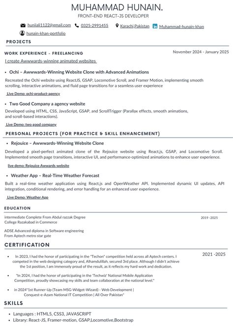 Frontenddeveloper Webdevelopment Resumereview Jobseeker Reactjs Gsap Muhammad Hunain Khan