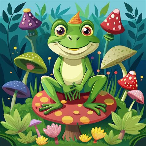 мультфильмная лягушка с грибом и грибами на заднем плане Премиум векторы