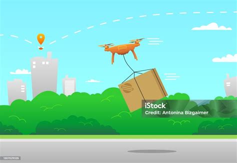 상품 소포 상품의 비접촉식 납품의 벡터 개념 쿼드로콥터 무인 항공기는 주문 상자를 제공합니다 도시 풍경의 배경에 대해 현대 플랫