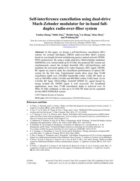 Pdf Self Interference Cancellation Using Dual Drive Mach Zehnder Modulator For In Band Full