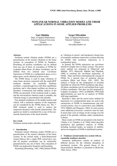 PDF NONLINEAR NORMAL VIBRATION MODES AND THEIR APPLICATIONS IN SOME APPLIED PROBLEMS