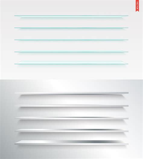 벽 배경에 고립 된 벡터에 유리 나무 플라스틱 금속 긴 선반 세트 프리미엄 벡터