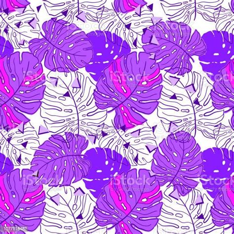 열 대 잎 네온 추세 몬스 테라입니다 손으로 그린 잎 Monstera의 완벽 한 패턴입니다 섬유 직물에 대 한 이국적인 교감입니다 트로픽 식물 벡터 완벽 한 배경입니다 정글