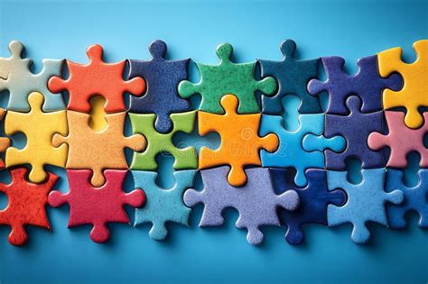 Colorful Interlocking Jigsaw Puzzle Pieces On Blue Surface Closeup