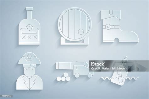 대포 가죽 해적 부츠 해적 선장 병 메시지 물 나무 배럴과 알코올 음료 럼 병 아이콘캐논을 설정합니다 벡터 3차원 형태에 대한 스톡 벡터 아트 및 기타 이미지 Istock