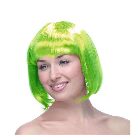 Neon Green Bob Wig With Flat Bangs 12 Inch Heat Resistant Synthetic