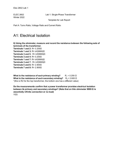 Elec 2602 Lab 1 Elec 2602 Lab 1 Single Phase Transformer Winter 2022