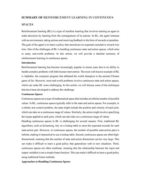 Summary Of Reinforcement Learning In Continuous Spaces Summary Of Reinforcement Learning In