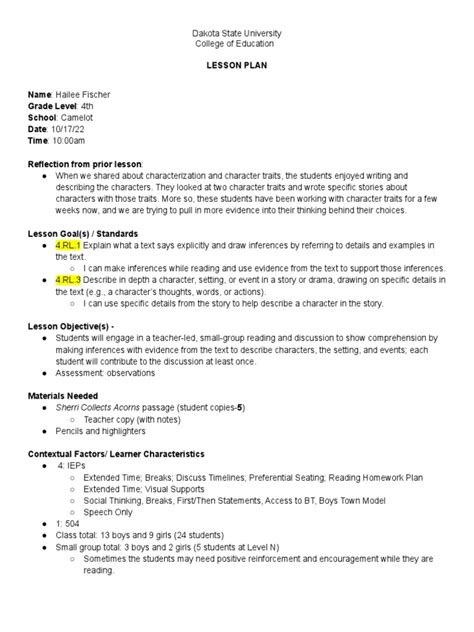 4th Grade Lesson Plan 1 Pdf Reading Comprehension Lesson Plan