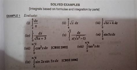 Solved Examples Integrals Based On Formulae And Integration By Parts Ex
