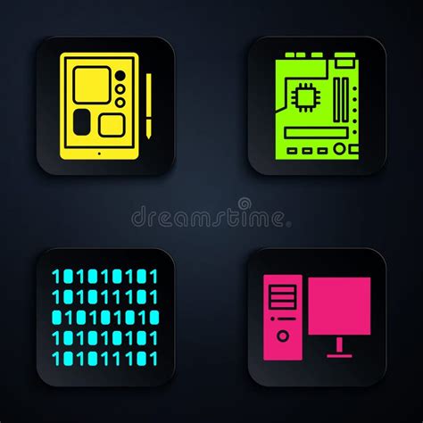 Set Computer Monitor Graphic Tablet Binary Code And Motherboard