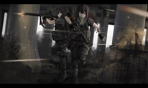 Safebooru 2girls Action Assault Rifle Bandage Bandage On Face