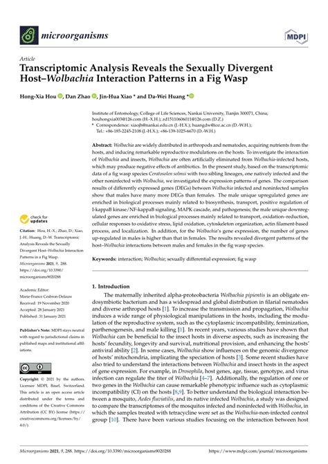 Pdf Transcriptomic Analysis Reveals The Sexually Divergent Host Wolbachia Interaction Patterns