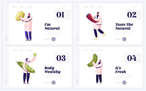 농민 제품 보존 제조 산업 웹사이트 방문 페이지 집합입니다 남성과 여성 공장 노동자 는 캐닝 웹 페이지 배너 전에 신선한 야채를 검사 만화 플랫 벡터 일러스트 채소에 대한