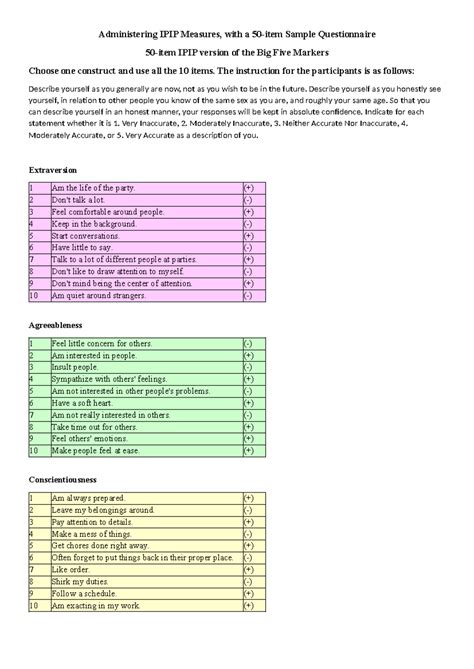 Ipip Big 5 Constructs Scales Administering Ipip Measures With A 50