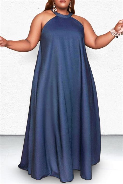 Plus Size Maxi Dress Halter Neck Sleeveless Solid Color Yazlık