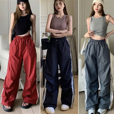 Luna Shop🌻เอวยางยืดลายกางเกงลำลองของผู้หญิงฤดูร้อนอเมริกันย้อนยุคหลวมกีฬากางเกงกางเกงขากว้าง