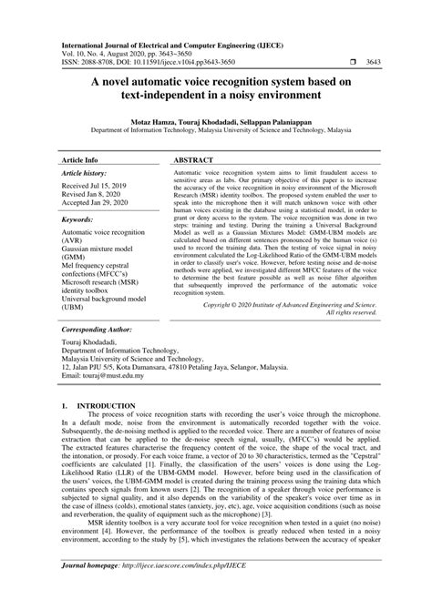 Pdf A Novel Automatic Voice Recognition System Based On Text Independent In A Noisy Environment