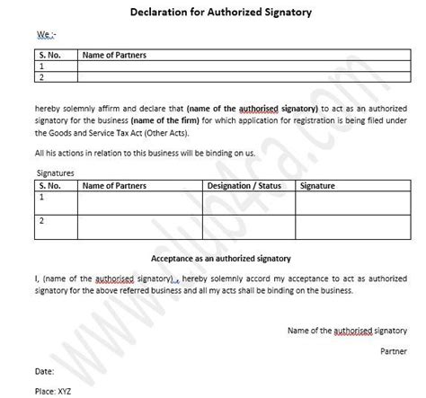 Declaration For Authorised Signatory For Gst In Word Format