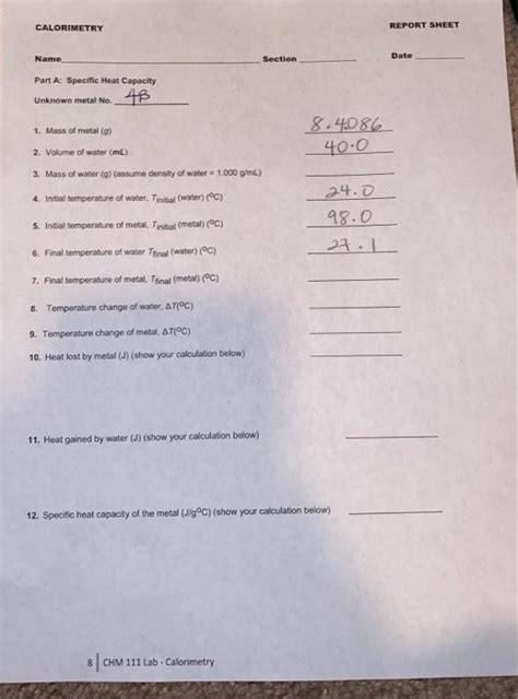 Solved CALORIMETRY REPORT SHEET Name Section Date Part A Chegg Com