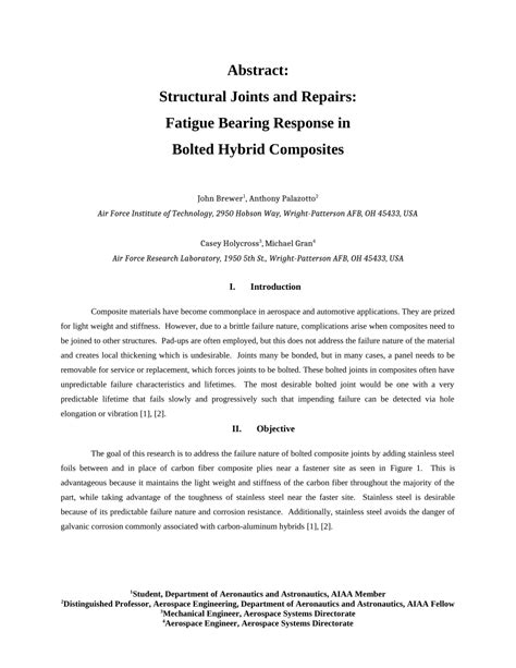 Pdf Structural Joints And Repairs Bearing Fatigue Response In Bolted Hybrid Composite Joints