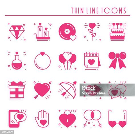 라인 아이콘 세트를 사랑 해요 해피 발렌타인 하루 핑크 실루엣 징후 및 기호 사랑 부부 관계 데이트 결혼 휴가 로맨틱 테마 심장 입술 선물입니다 개체 그룹에 대한 스톡 벡터