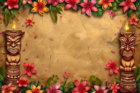 Hawaiian Luau Background With Tiki Masks And Floral Decor Premium Ai