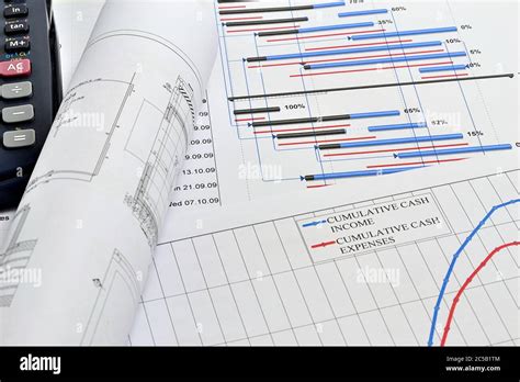 construction project planning management concept gantt chart schedule blueprints helmet
