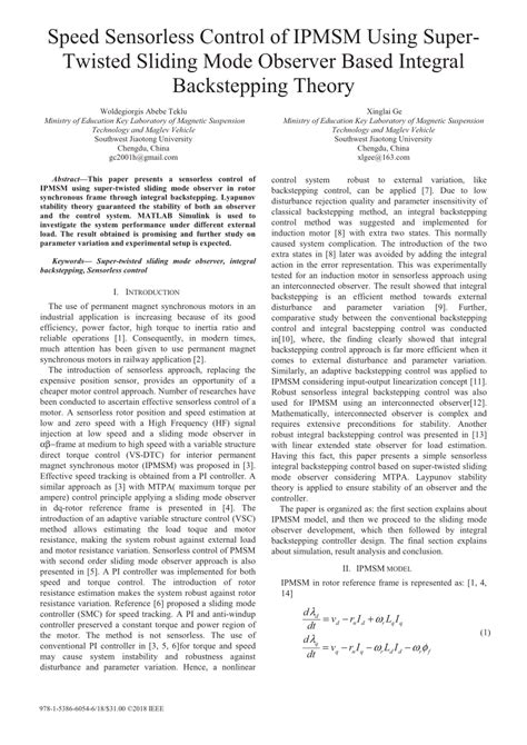 Pdf Speed Sensorless Control Of Ipmsm Using Super Twisted Sliding Mode Observer Based Integral